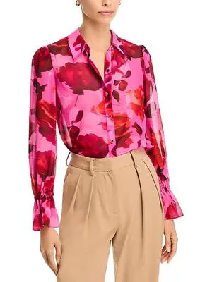 MILLY Lace Floral Print Blouse - Pink Multi