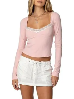 EDIKTED Morgyn Lace Trim Rib Crop Top - Light-pink