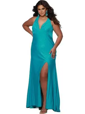 SYDNEY'S CLOSET Fitted Empire Waist V-neck Gown - Aqua