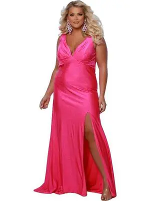 SYDNEY'S CLOSET Fitted Empire Waist V-neck Gown - Fuchsia