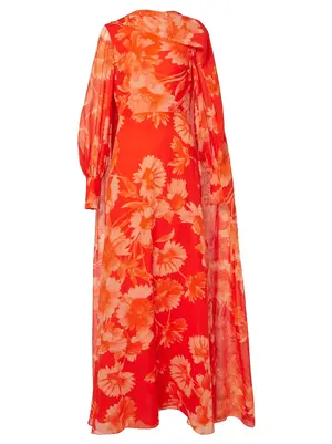 Erdem Caped Floral Silk Gown - Orange