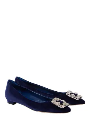 Manolo Blahnik Hangisi Embellished Velvet Ballet Flats - Blue