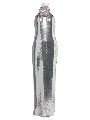 RODARTE Floral-appliqué Sequin Gown - Silver