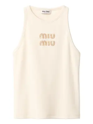 Miu Miu Ribbed Jersey Top With Embroidered Logo - Natural