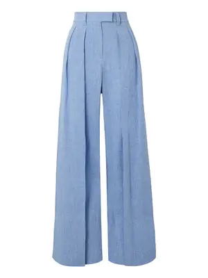 Brunello Cucinelli Pleated Linen-blend Wide-leg Pants - Blue
