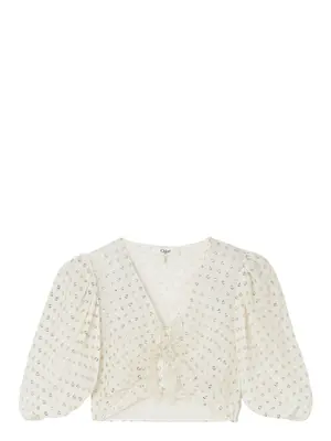 Chloé Cropped Ruffled Gathered Metallic Polka-dot Silk-blend Blouse - Ivory