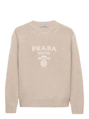 Prada Logo-intarsia Crew-neck Sweater - Neutrals