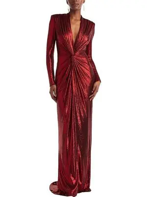 Tadashi Shoji Ferrum Metallic Twist Drape Gown - Red