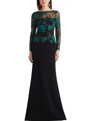 Tadashi Shoji Beacon Belted Embroidered Illusion Gown - Green