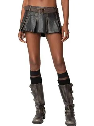 EDIKTED Belted Pleated Faux Leather Miniskirt - Black