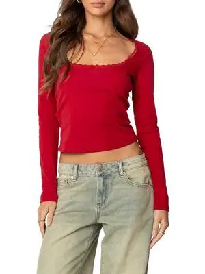 EDIKTED Mora Lace Trim Knit Top - Red