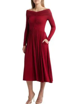 NIKKI LUND Olia Off The Shoulder Long Sleeve Dress - Wine
