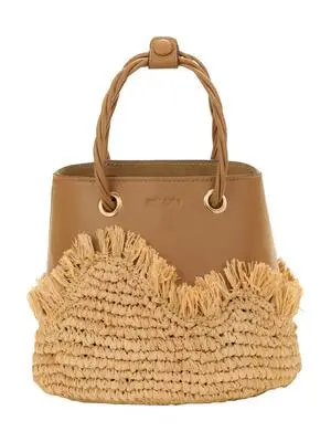 Cult Gaia Jojo Leather & Raffia Top Handle Bag - Camel