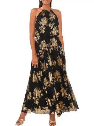 Halogen Halogen(r) Pleated High Neck Maxi Dress Black/gold