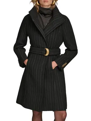 Donna Karan New York Belted Wool Wrap Coat - Black Pinstripe