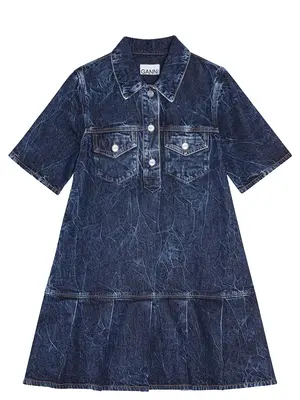 GANNI Crinkled Denim Mini Dress - Blue