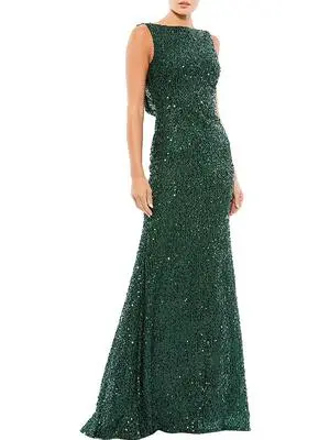 Mac Duggal Mac Duggal Sequin Embellished Gown With Cowl Back And Bow Detail Emerald