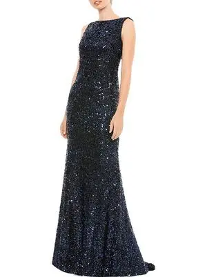 Mac Duggal Mac Duggal Sequin Embellished Gown With Cowl Back And Bow Detail Midnight