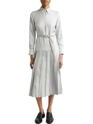 Thom Browne Long Sleeve Pleated Midi Shirtdress - Light Grey