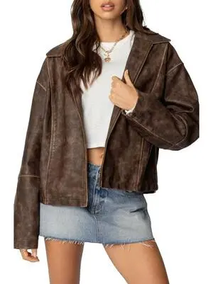 EDIKTED Oversized Faux Leather Jacket - Brown-washed