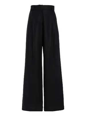 Another Tomorrow Pleated Wide Leg Linen Trousers Black