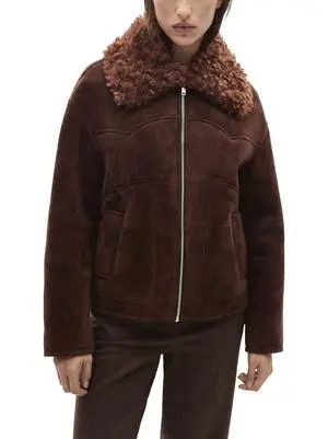 Mango Faux Suede Jacket With Faux Shearling Collar - Brown