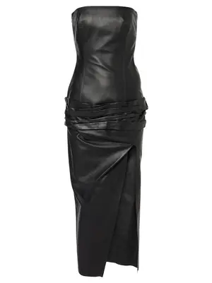 Attico Draped Strapless Leather Midi Dress - Black
