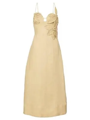 Farm Rio Floral-appliqué Linen Midi Dress - Yellow