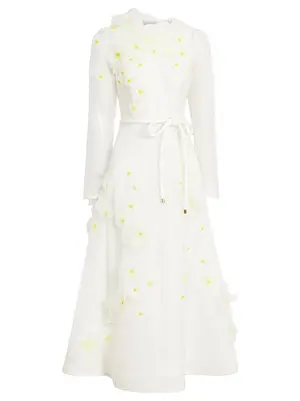 Zimmermann Floral-appliquéd Silk And Linen-blend Organza Midi Dress - Off-white