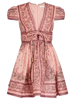 Zimmermann Paisley-print Linen And Silk-blend Mini Dress With Bow - Antique Rose