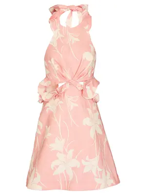 Zimmermann Ruffled Floral-print Linen Halterneck Mini Dress - Baby Pink