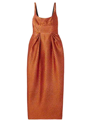 Christopher John Rogers Pleated Striped Jacquard Maxi Dress - Orange