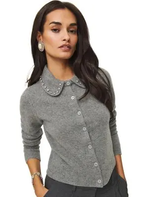 REFORMATION Nyla Regenerative Wool Cardigan With Rhinestone Embellishment - Grey