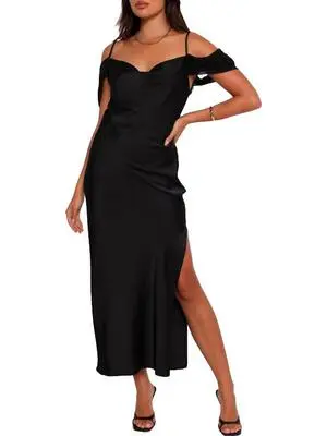 PETAL & PUP Petal & Pup Reyna Off-The-Shoulder Satin Maxi Dress