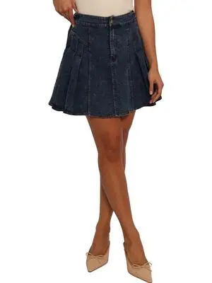 PETAL & PUP Alek Pleated Mini Skirt - Mid Wash Denim