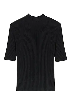 Maje Stretch-cotton Jumper With High Neck And Short Sleeves - Noir / Gris