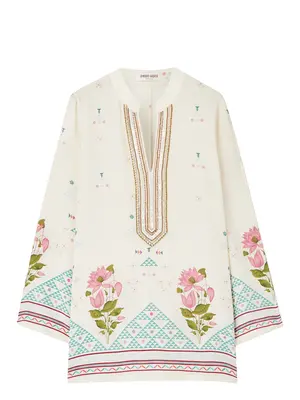 EMPORIO SIRENUSE Jamila Embellished Printed Silk-crepe Kaftan - White
