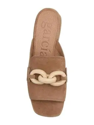 PEDRO GARCIA Enna Suede Loafer Mules With Chain Accent - Beige