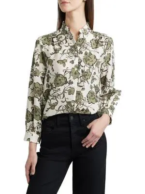 Caslon Caslon(r) Ruffle Collar Button-Up Shirt Ivory- Green Small Floral
