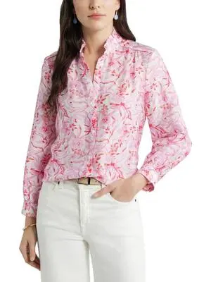 Caslon Ruffle Collar Button-up Shirt - Ivory- Pink Daisy Garden