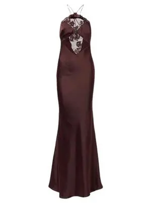 SELF-PORTRAIT Lace-trimmed Halterneck Gown - Brown