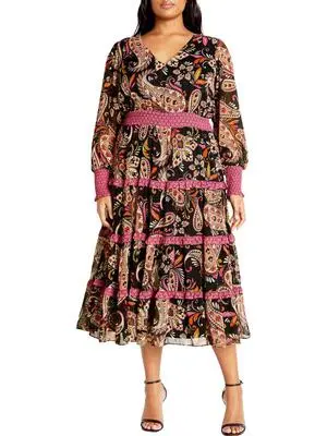 City Chic Gwendolyn Long Sleeve Tiered Dress - Peaceful Paisley