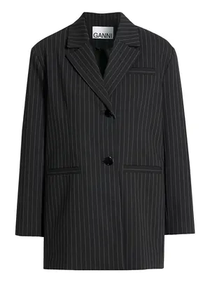 GANNI Oversized Pinstriped Crepe Blazer - Black