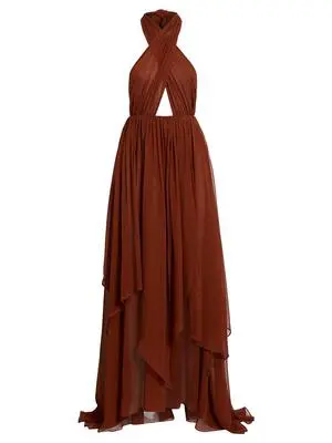 Retrofete Ina Cutout Silk-chiffon Halterneck Maxi Dress - Brown