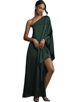 Bhldn Tiana One-shoulder Satin Kaftan Maxi Dress - Green Gables