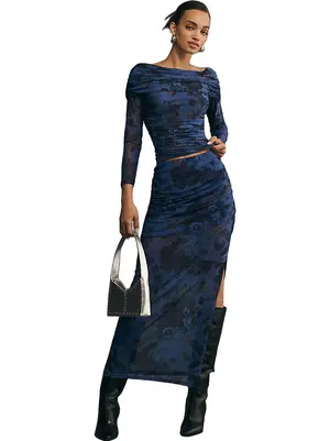 Maeve Fitted Ruched Mesh Maxi Skirt Blue