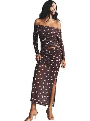 Maeve Fitted Ruched Mesh Maxi Skirt - Brown Dot