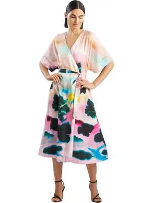 Natori Akiko Printed Cotton Silk Twill Kimono Wrap - Multi