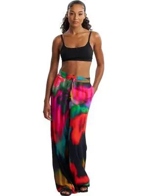 Natori Floral Mirage Printed Rayon Pants With Tassel - Black