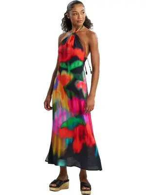 Natori Floral Mirage Printed Rayon Halter Dress With Tassel - Black